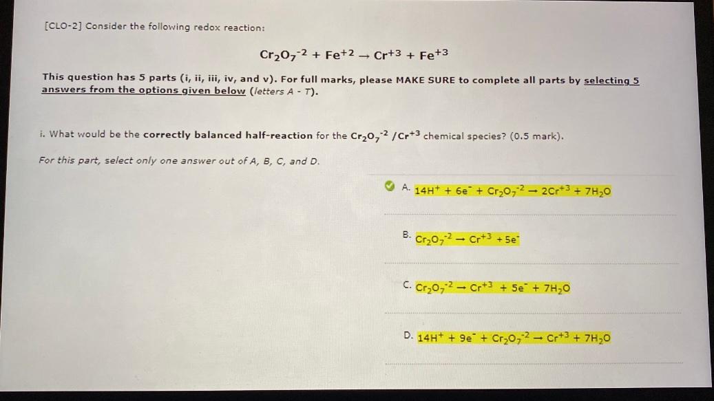 Solved [CLO-2] Consider the following redox reaction: | Chegg.com