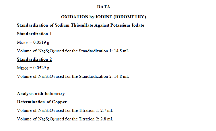 Solved DATA OXIDATION by IODINE (IODOMETRY) Standardization | Chegg.com