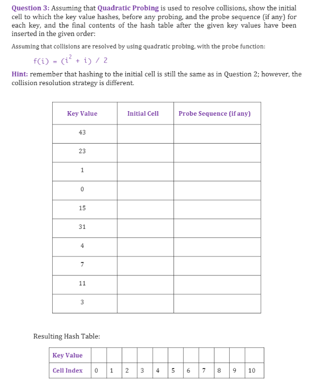 Solved Question 3: Assuming that Quadratic Probing is used | Chegg.com