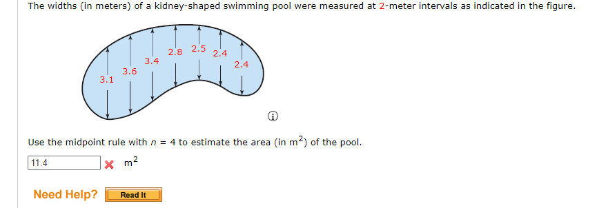 Solved The widths (in meters) of a kidney-shaped swimming | Chegg.com
