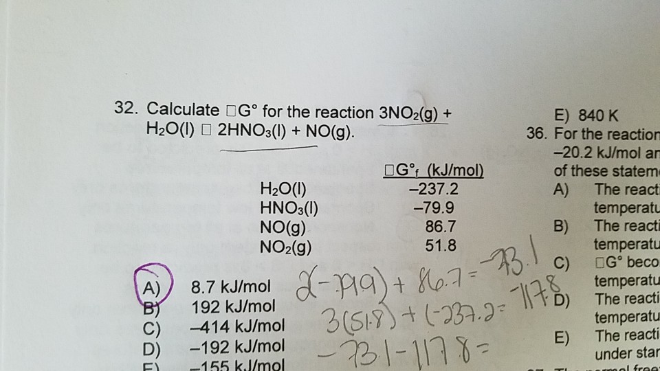 Solved 32. Calculate G for the reaction 3NO2(g) + E) 840 K | Chegg.com