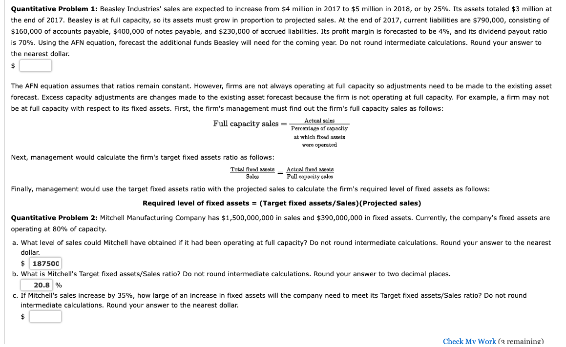 Solved Quantitative Problem 1: Beasley Industries' sales are | Chegg.com
