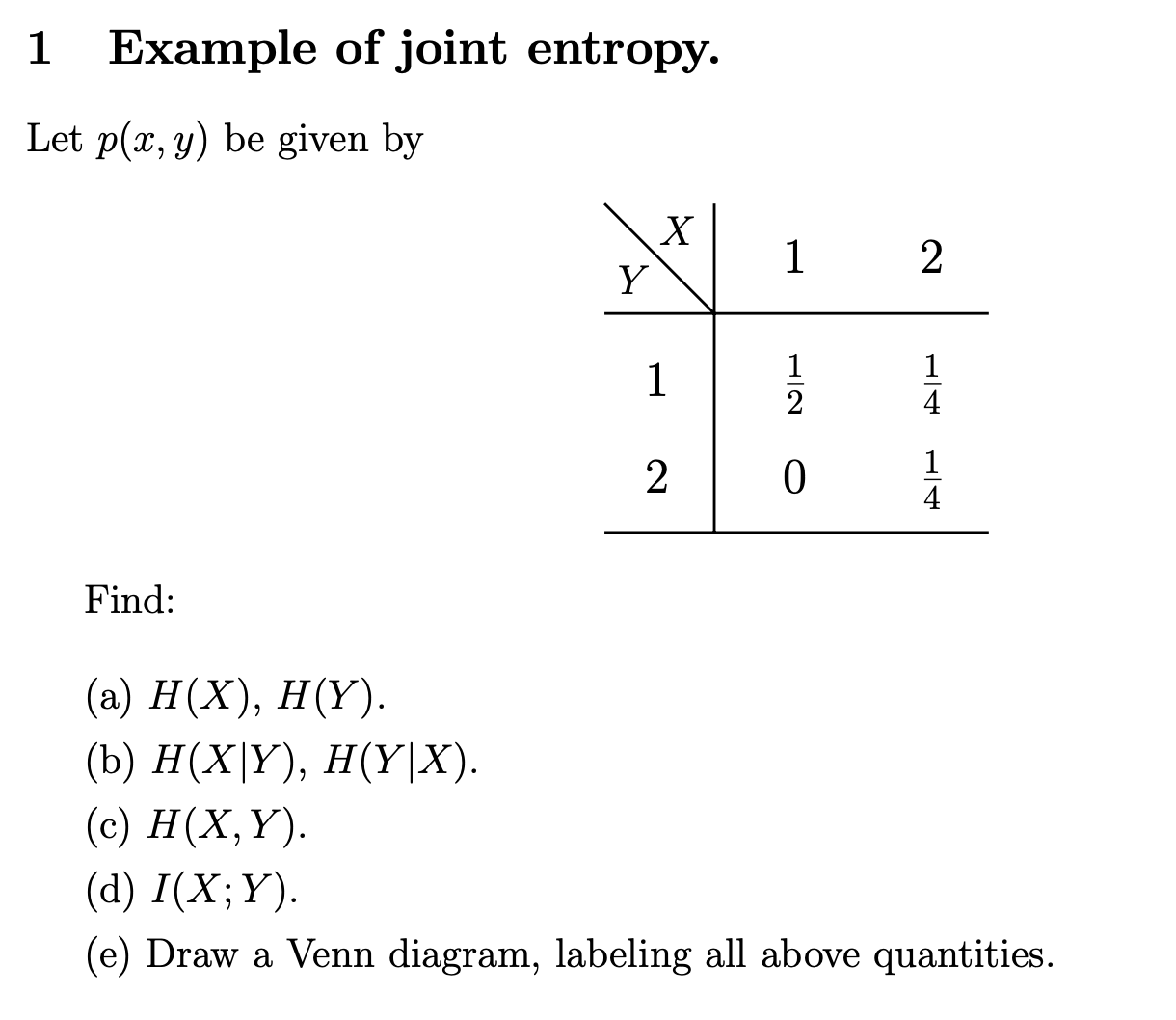 Solved 1 ﻿Example of joint entropy.Let p(x,y) ﻿be given | Chegg.com