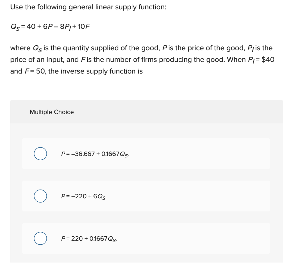 Solved Use the following general linear supply function: Qs | Chegg.com