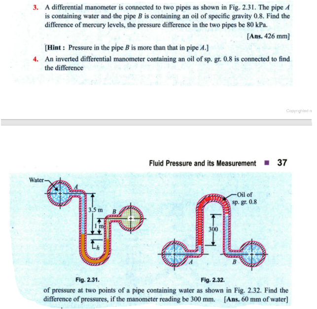 Solved 3. A differential manometer is connected to two pipes | Chegg.com