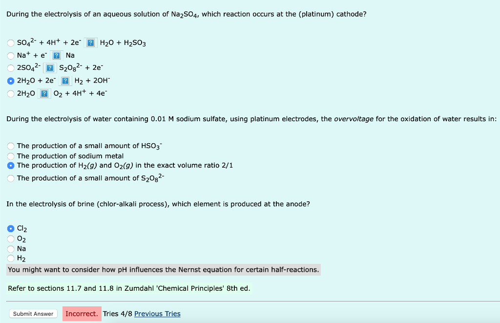 Solved Electrolysis in Aqueous Solutions Overvoltage Refer | Chegg.com