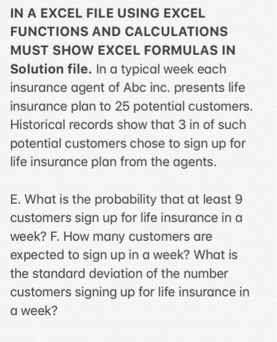 Solved In A Excel File Using Excel Functions And 8515