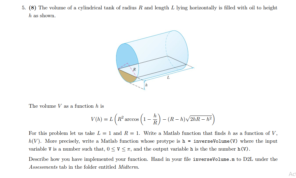 Solved 5. (8) The volume of a cylindrical tank of radius R | Chegg.com