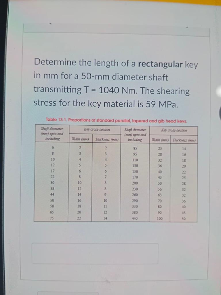 Solved Determine the length of a rectangular key in mm for a | Chegg.com