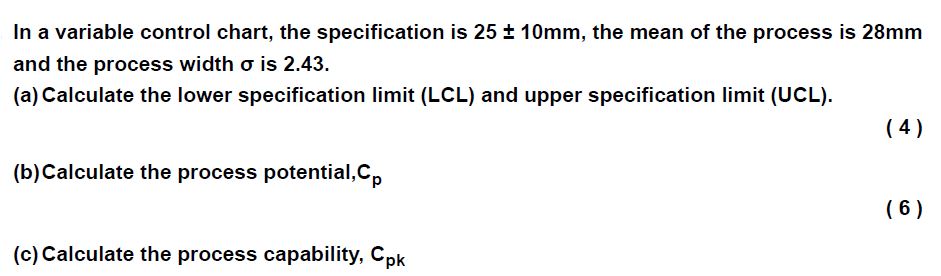 Solved In a variable control chart, the specification is | Chegg.com