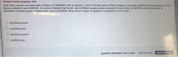 Solved Multiple Choice Question 105 Carla Vista Company | Chegg.com