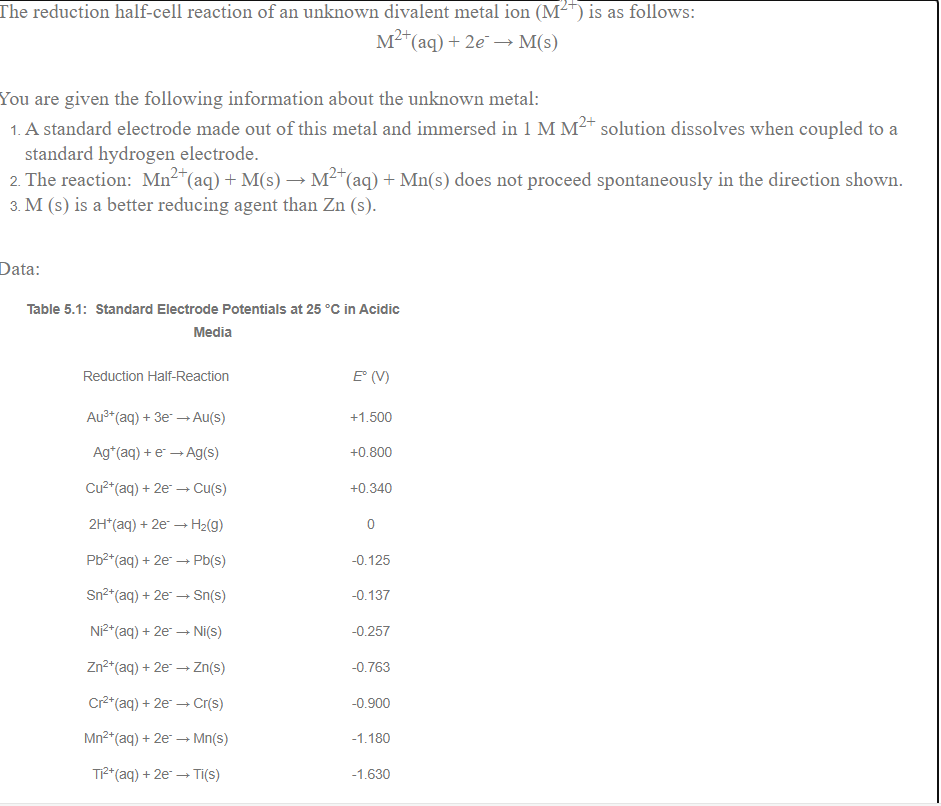 Solved M2+(aq)+2e−→M(s) Tou are given the following | Chegg.com