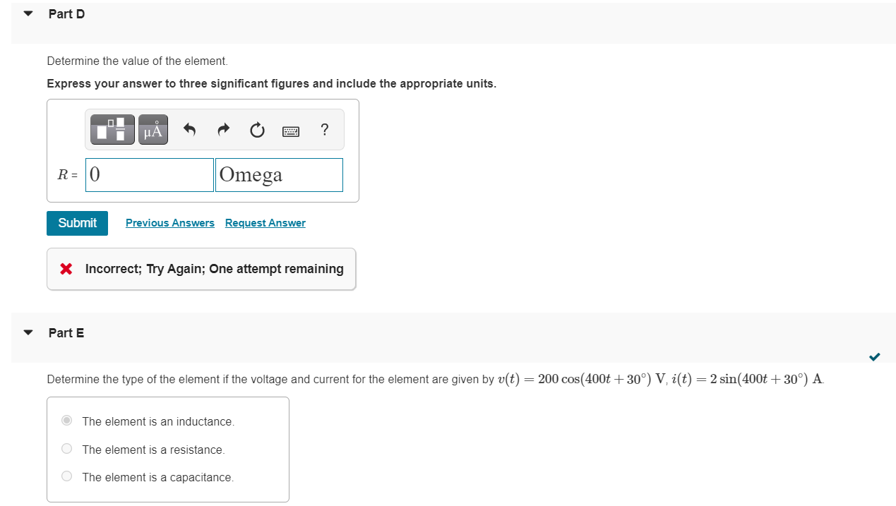 Part A A certain circuit element is known to be a | Chegg.com