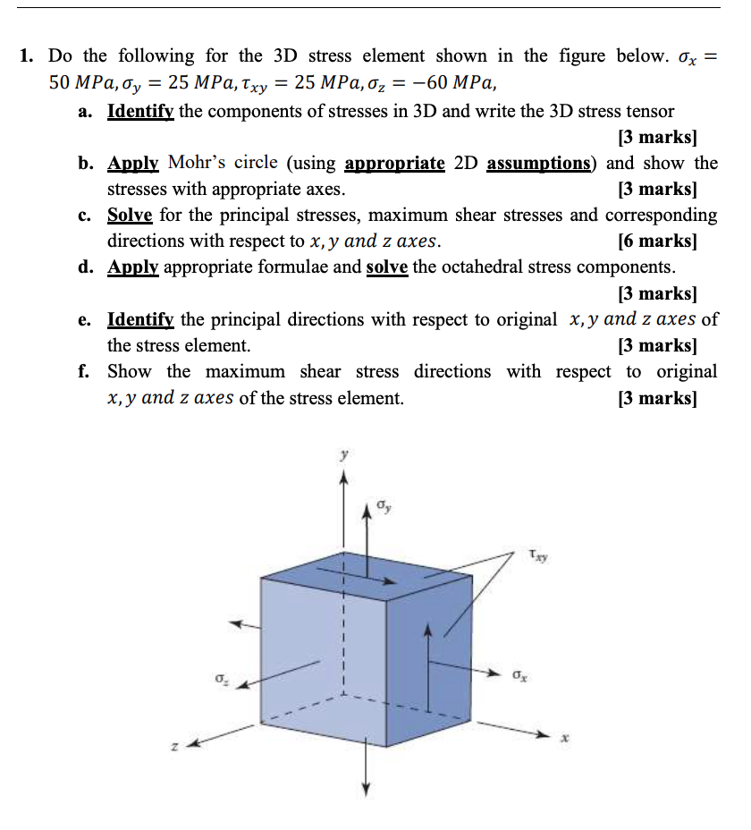 Solved 1. Do the following for the 3D stress element shown | Chegg.com