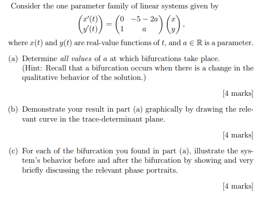 Solved Consider the one parameter family of linear systems | Chegg.com