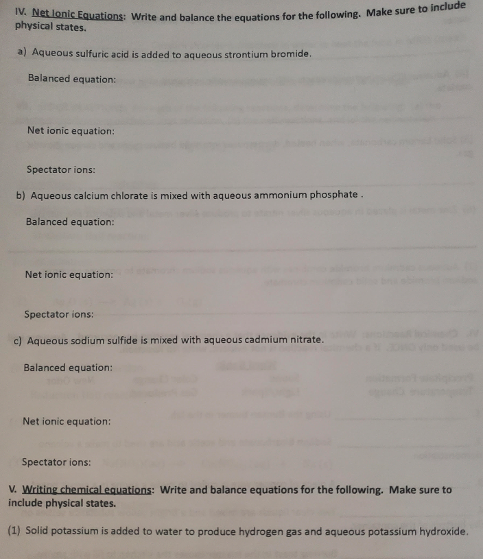 Solved IV. Net lonic Equations: Write and balance the | Chegg.com