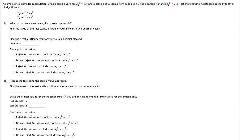 Solved A sample of 16 items from population 1 has a sample | Chegg.com