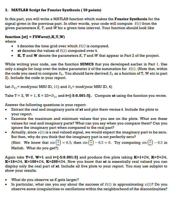 3. MATLAB Script for Fourier Synthesis ( 50 points) | Chegg.com