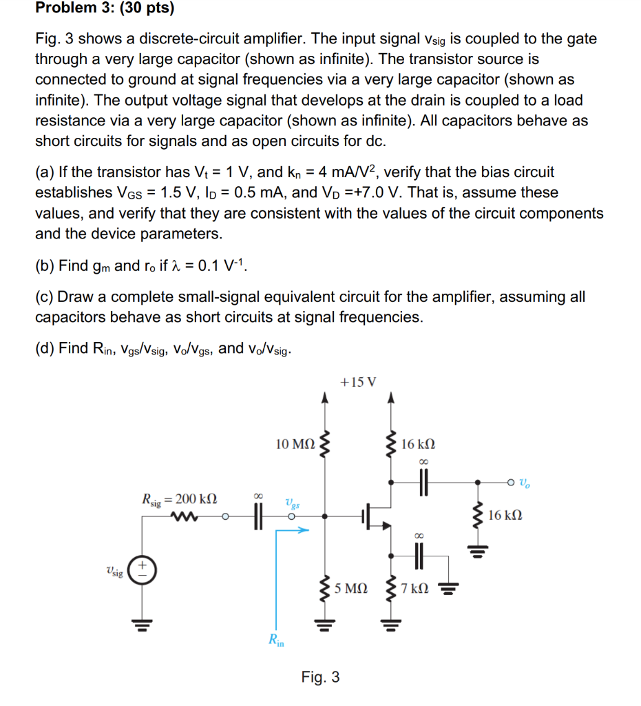 Solved Fig. 3 shows a discrete-circuit amplifier. The input | Chegg.com