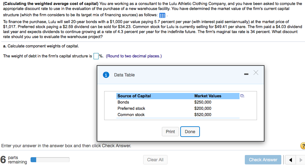 Solved Calculating The Weighted Average Cost Of Capital Chegg