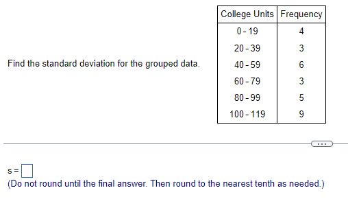Solved College Units Frequency 0-19 4 3 6 Find the standard | Chegg.com