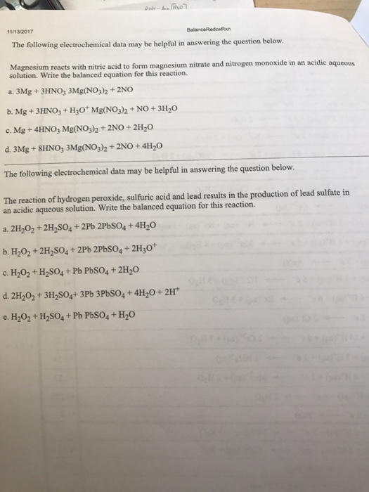 Solved BalanceRedoxRxn 11/13/2017 The following | Chegg.com