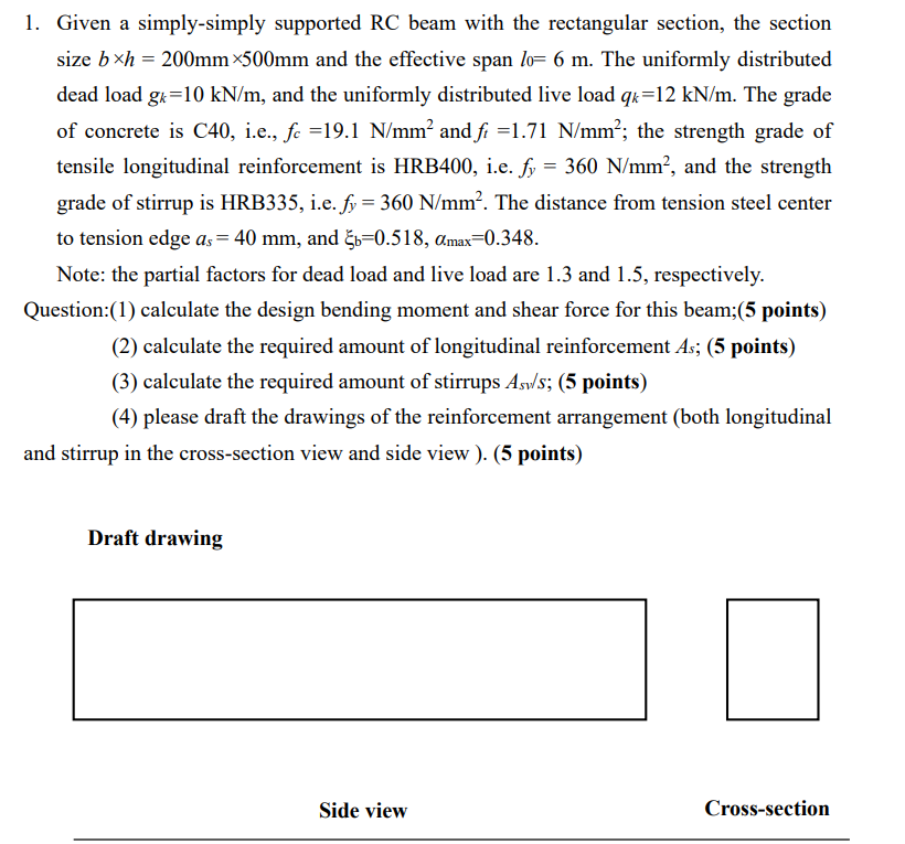 Solved 1. Given a simply-simply supported RC beam with the | Chegg.com