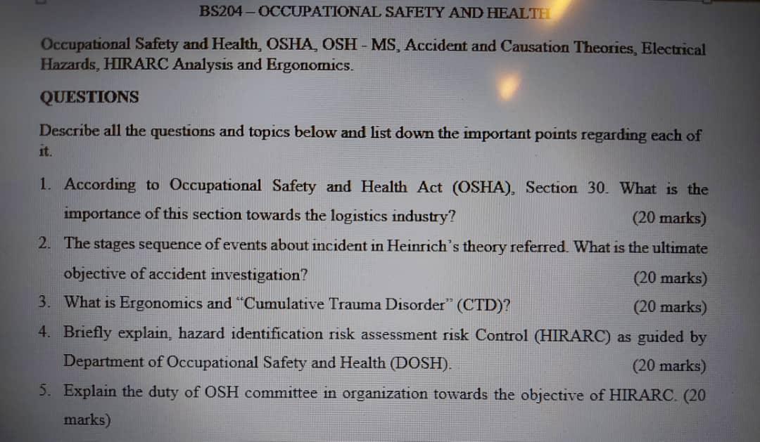Solved BS204-OCCUPATIONAL SAFETY AND HEALTH Occupational | Chegg.com