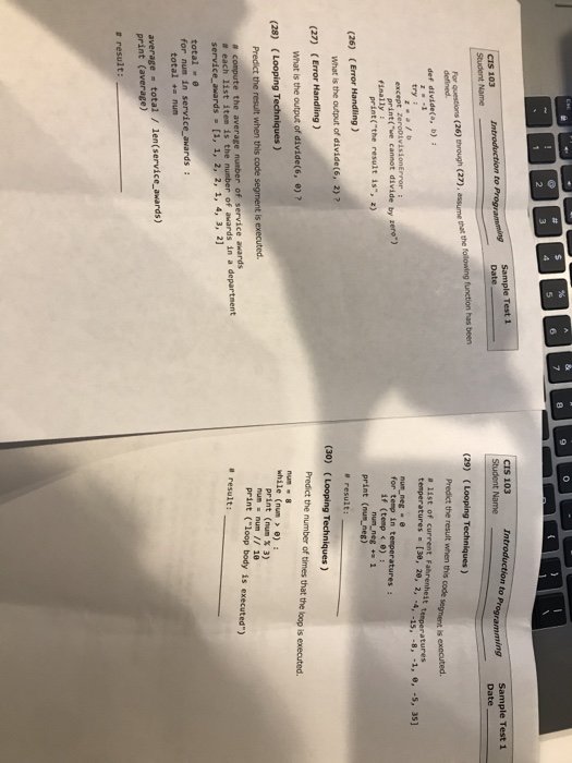 Solved Sample Test 1 Date CIS 103 Student Name Introduction | Chegg.com