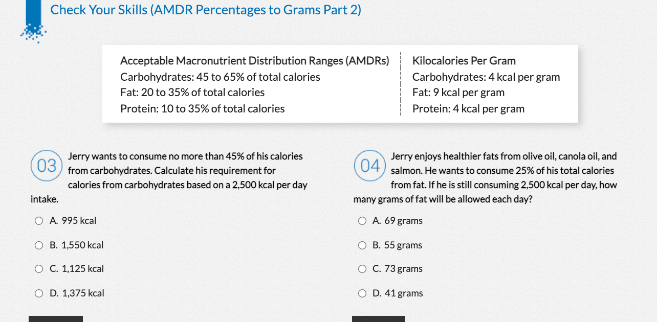 Solved Check Your Skills (AMDR Percentages to Grams Part 2) | Chegg.com