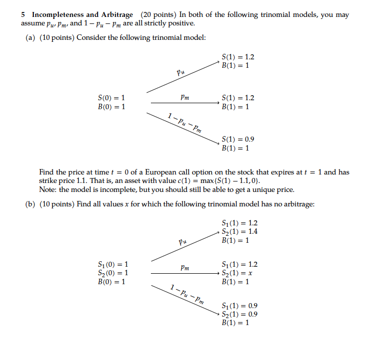 Solved 5 Incompleteness and Arbitrage (20 points) In both of | Chegg.com
