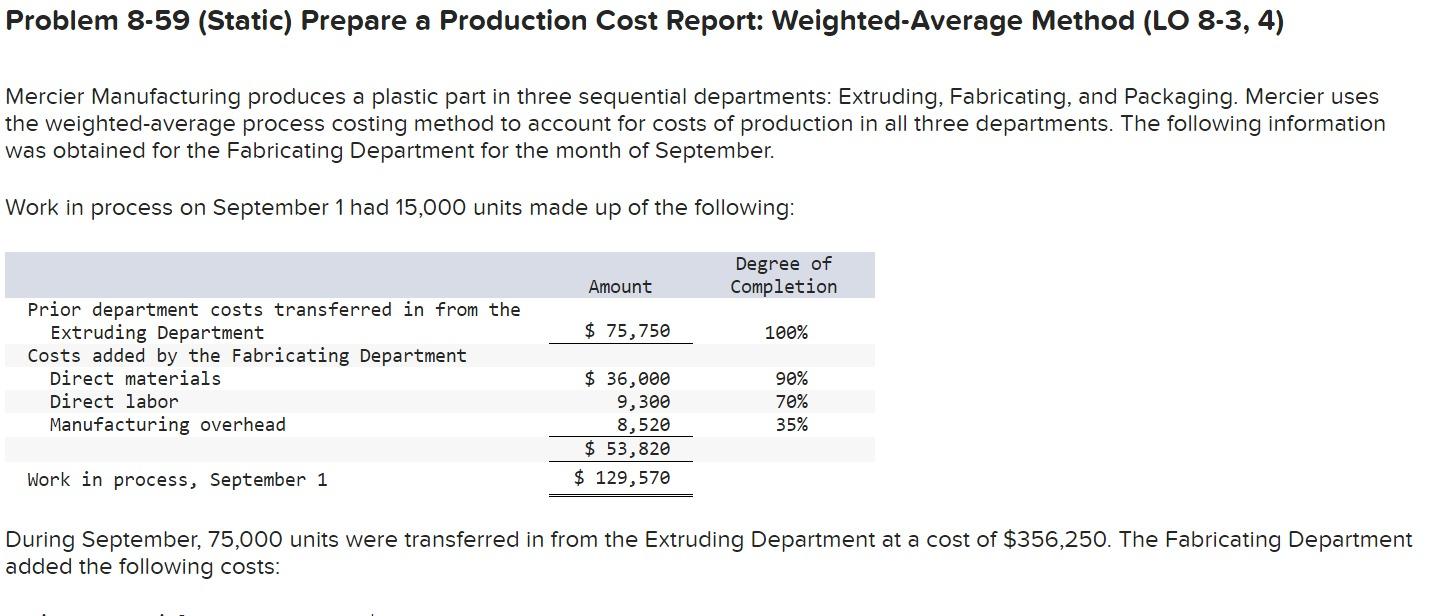 Solved Problem 8-59 (Static) Prepare a Production Cost | Chegg.com