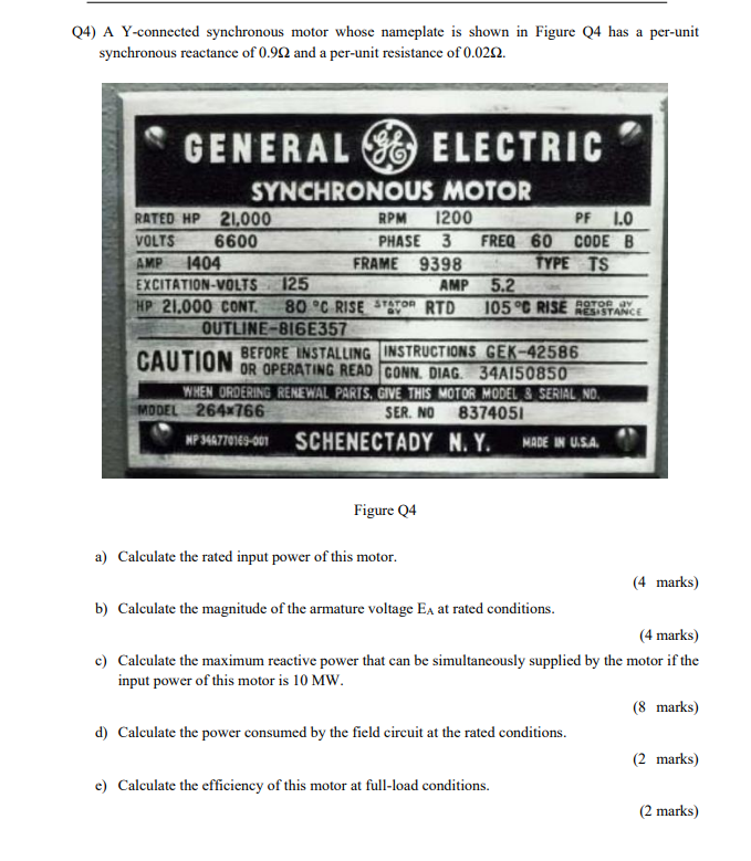 Solved Q4) A Y-connected synchronous motor whose nameplate | Chegg.com