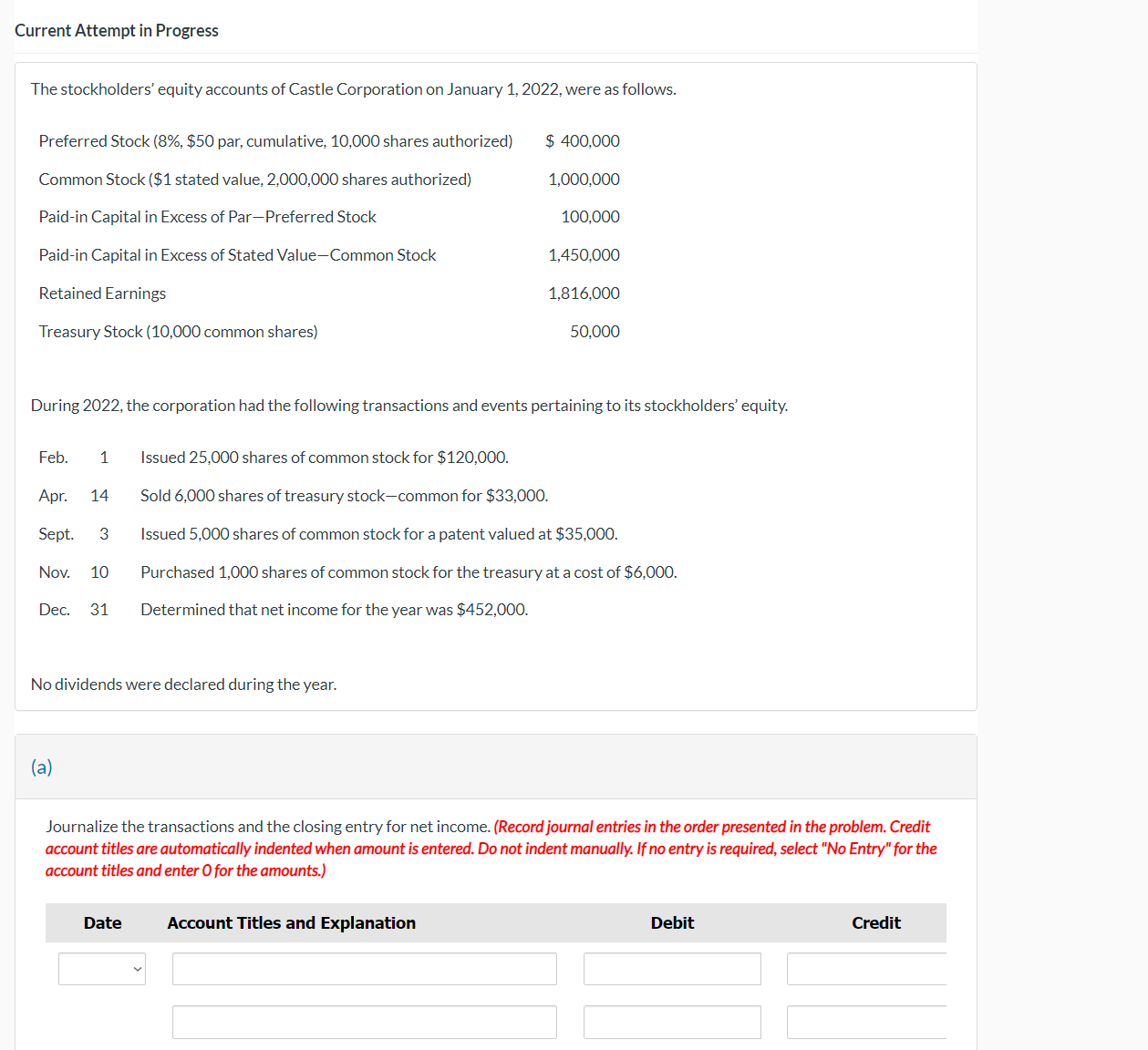 Solved Current Attempt in Progress The stockholders' equity | Chegg.com