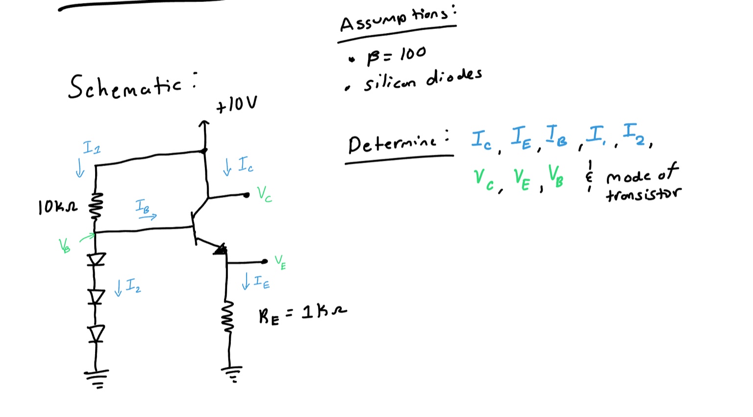 Solved I'd ﻿like you to ﻿solve for Ic,Ie,Ib,I1,I2,Vc,Ve,Vb, | Chegg.com