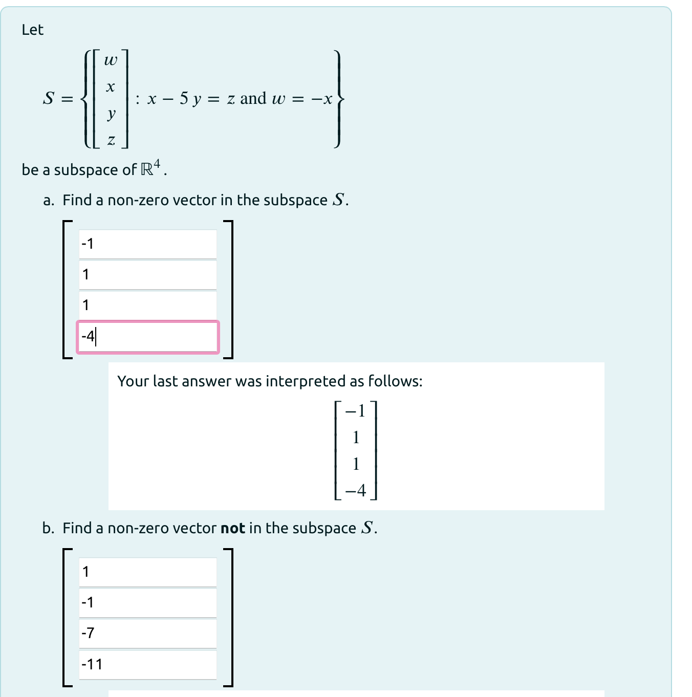 Solved b. ﻿Find a non-zero vector not in the subspace S. | Chegg.com