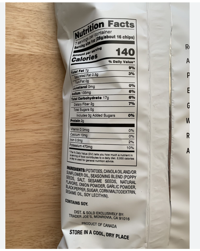 Solved Using the chips food labeled attached answer # 1 - 8 | Chegg.com