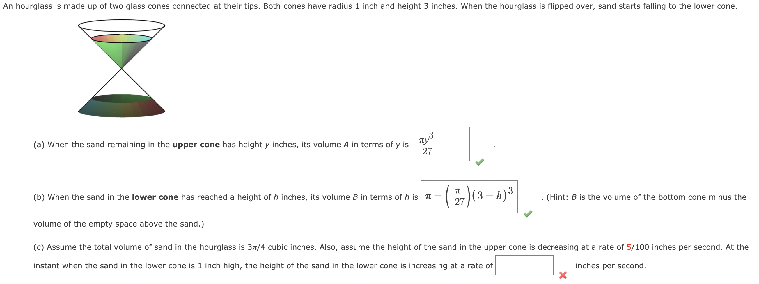 Solved An hourglass is made up of two glass cones connected | Chegg.com