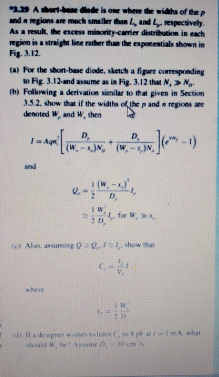 Solved -3.29 A short-base dlode is one where the widths of | Chegg.com
