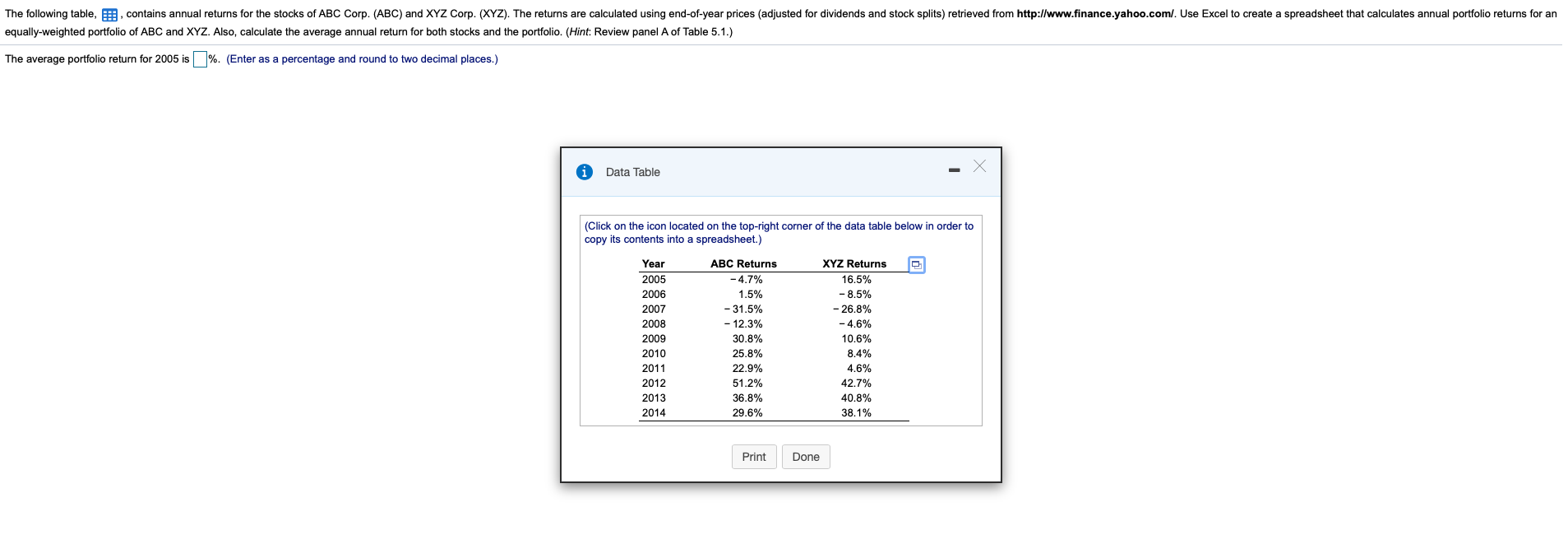 Solved The following table, contains annual returns for the | Chegg.com