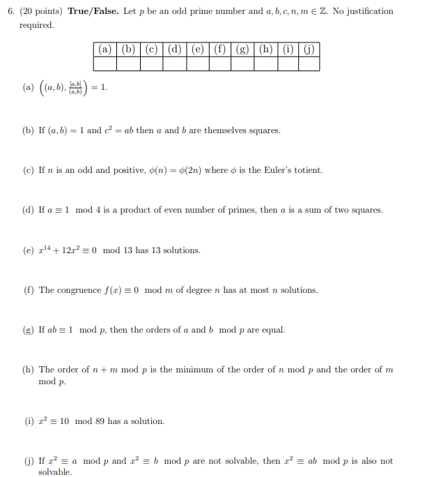 Solved 5. (20 points) True/False. Let p be an odd prime | Chegg.com