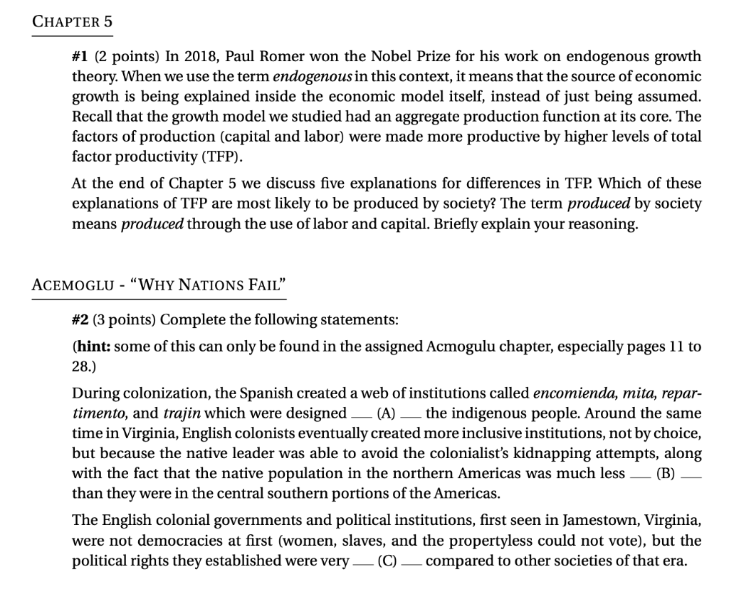 Solved CHAPTER 5 #1 (2 points) In 2018, Paul Romer won the | Chegg.com