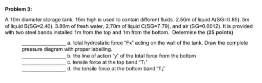 Solved Problem 3: A 10m diameter storage tank, 15m high is | Chegg.com