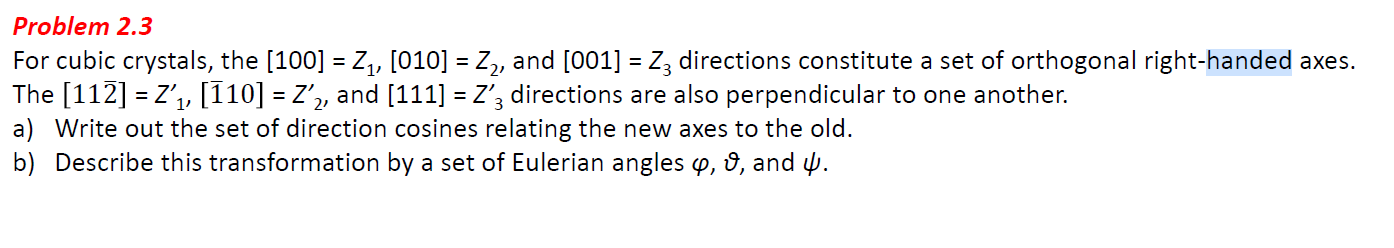 Solved For cubic crystals, the [100]=Z1,[010]=Z2, and | Chegg.com