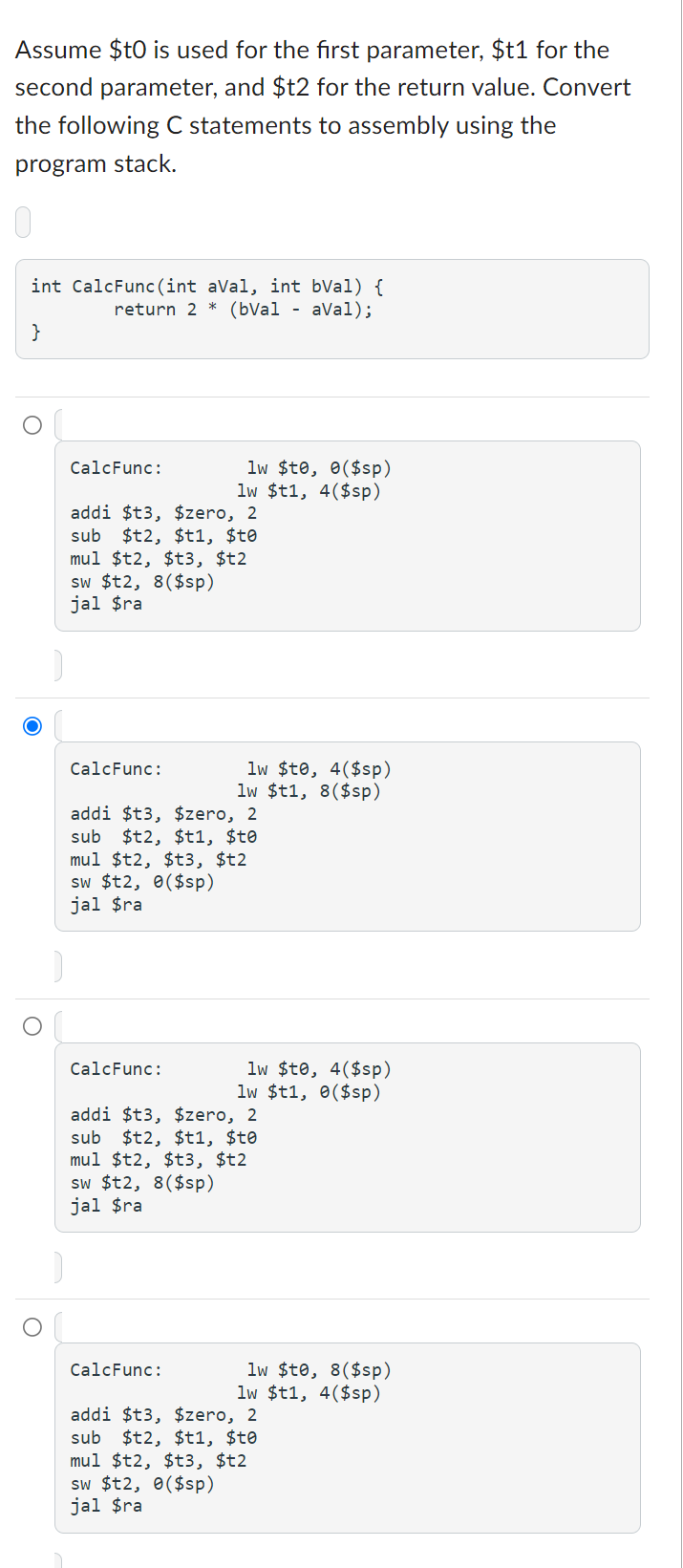Solved Assume $t0 is used for the first parameter, $t1 for | Chegg.com
