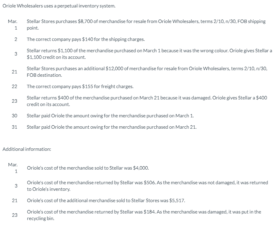 Solved Oriole Wholesalers uses a perpetual inventory system. | Chegg.com