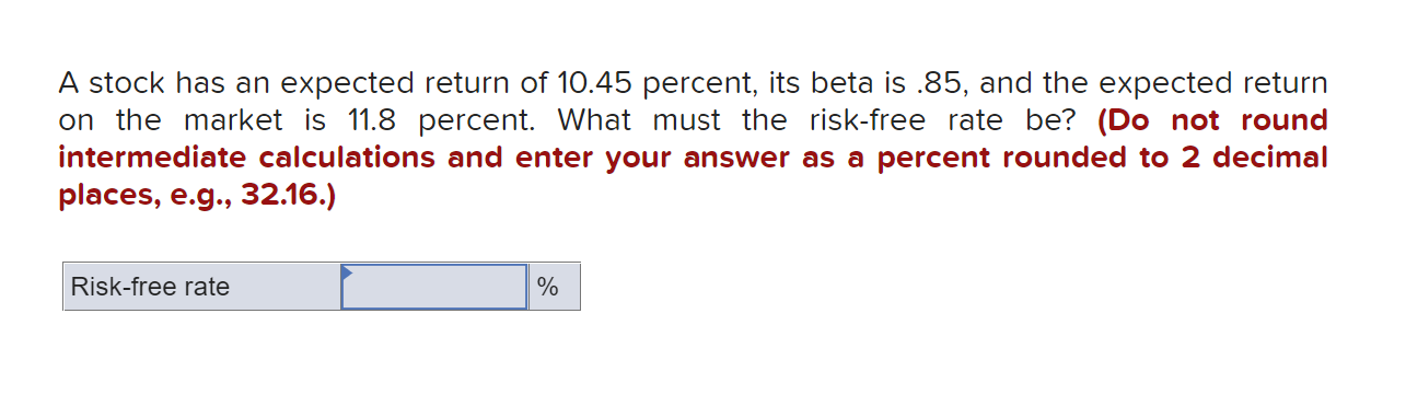 Solved A stock has an expected return of 11.85 percent, its | Chegg.com