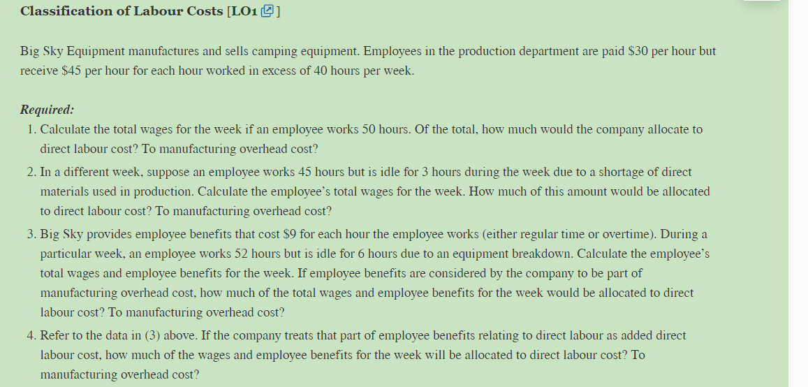 Solved Classification of Labour Costs [L010] Big Sky | Chegg.com