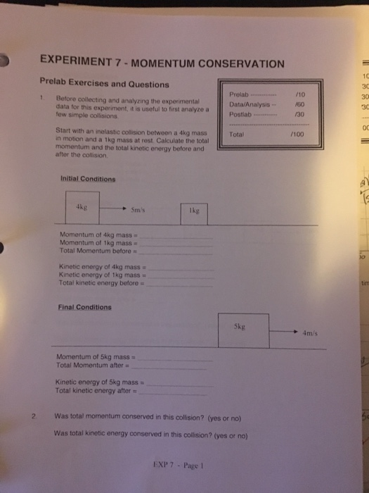 Solved EXPERIMENT 7-MOMENTUM CONSERVATION Prelab Exercises | Chegg.com