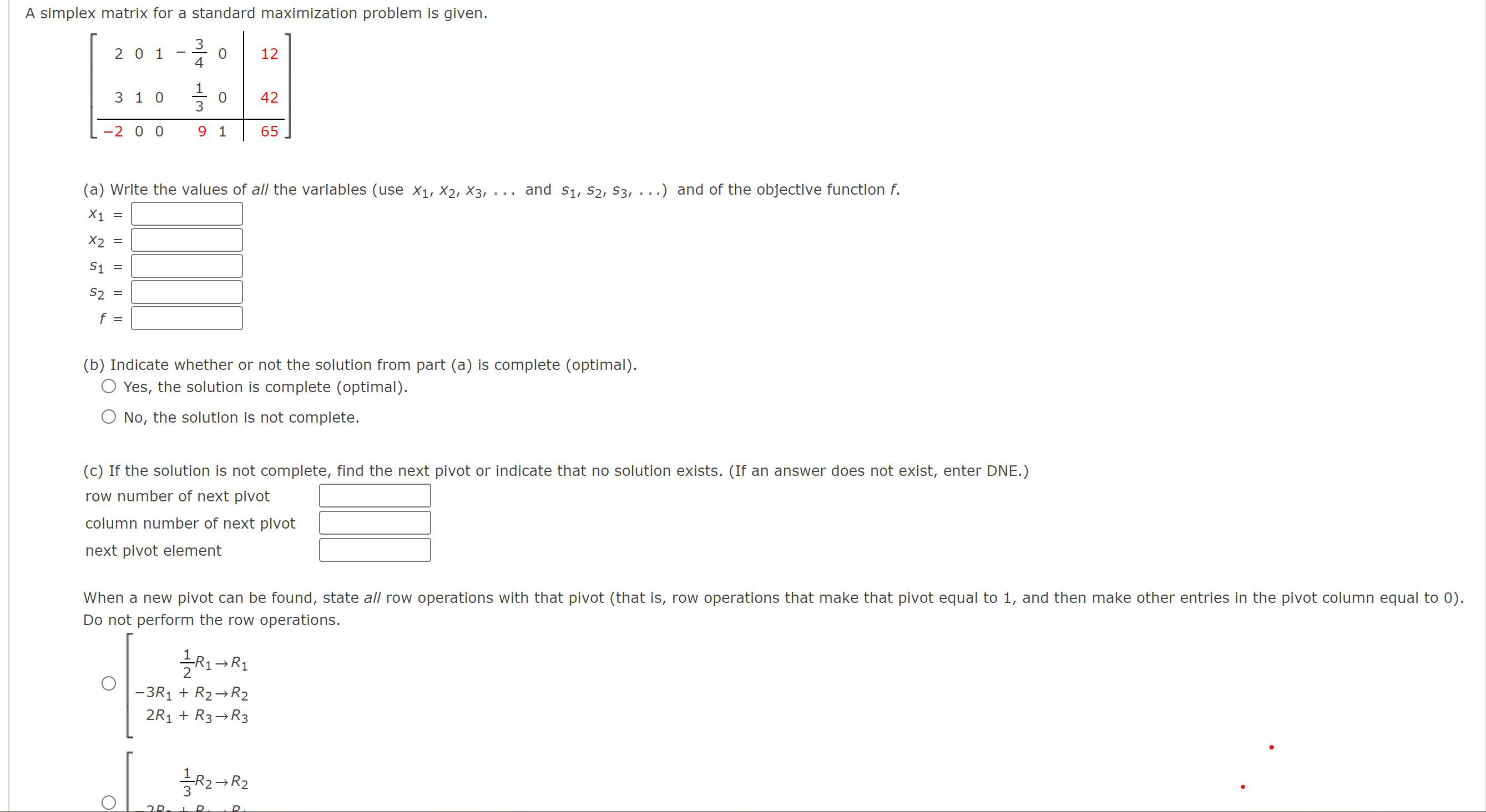 Solved A simplex matrix for a standard maximization problem | Chegg.com